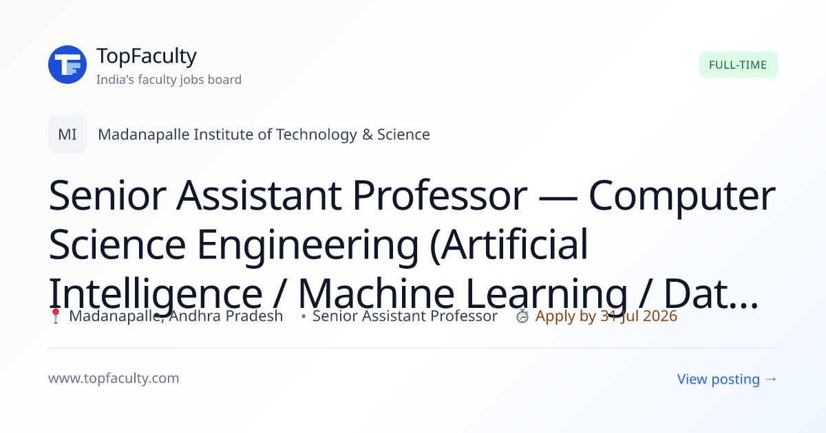 Senior Assistant Professor — Computer Science Engineering (Artificial ...